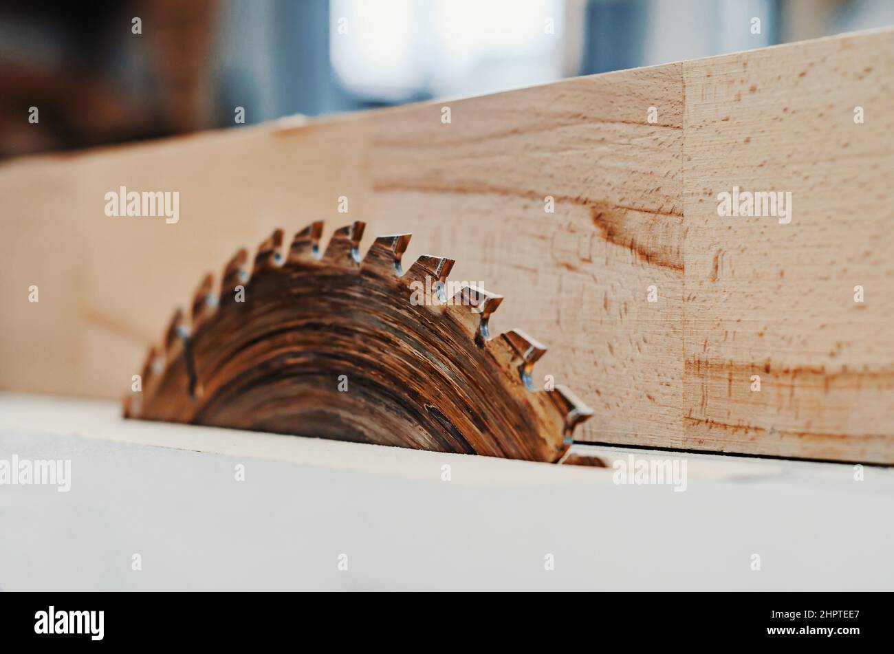 Wood cutting machine blade. Circular saw. Wooden bar in carpentry ...