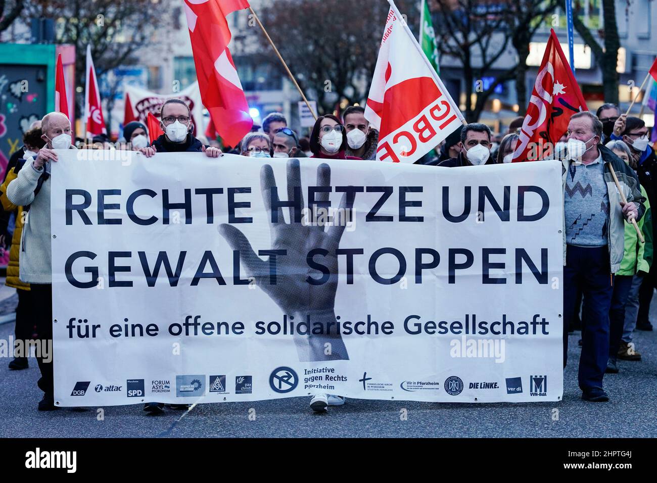 Pforzheim, Germany. 23rd Feb, 2022. Protesters hold a placard reading ...