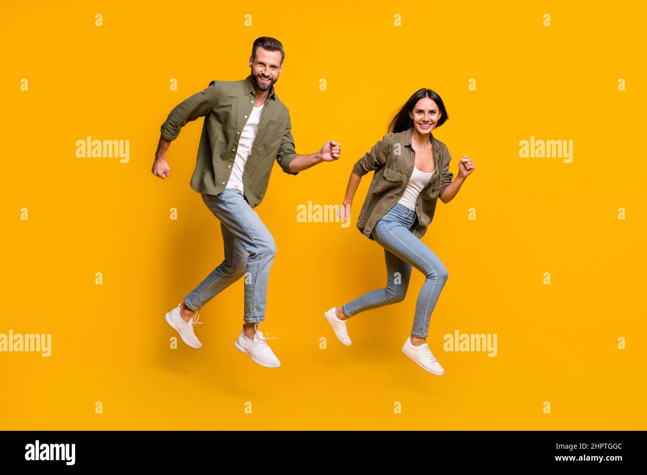 Full length profile side photo of young husband wife fast rush motion ...