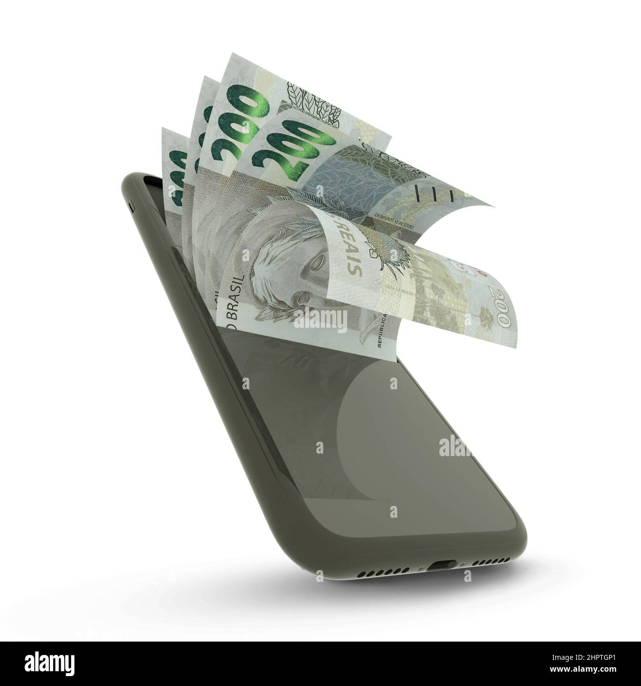 3D rending of Brazilian real notes inside a mobile phone isolated on ...