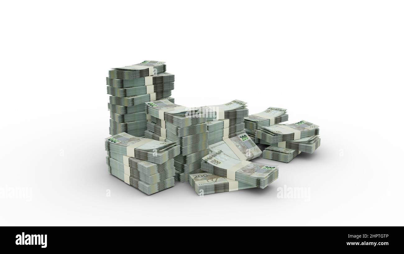 Stack of Brazilian real notes. 3D rendering of bundles of banknotes ...