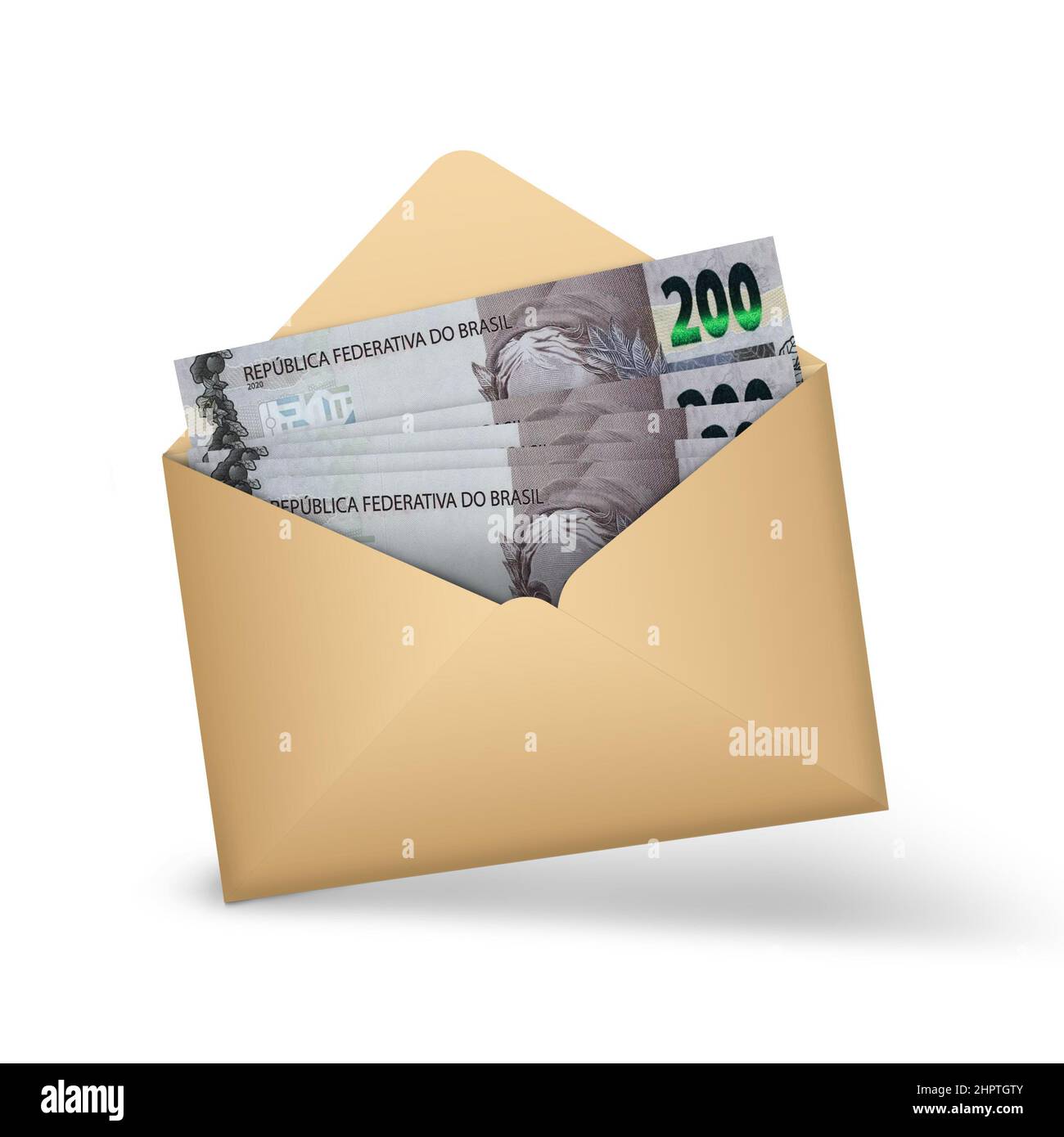 Brazilian real notes inside an open brown envelope. 3D illustration of ...