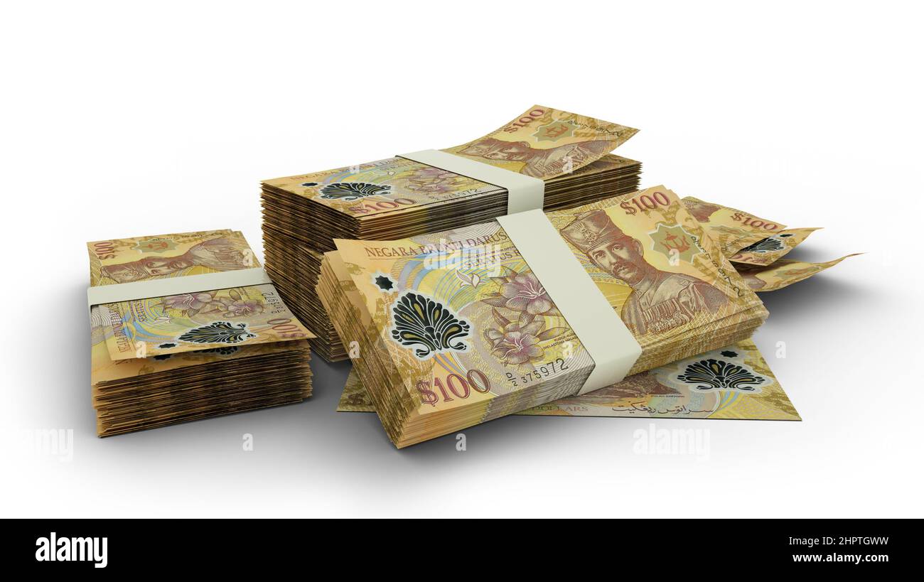 3D Stack of 100 Brunei dollar notes isolated on white background Stock ...