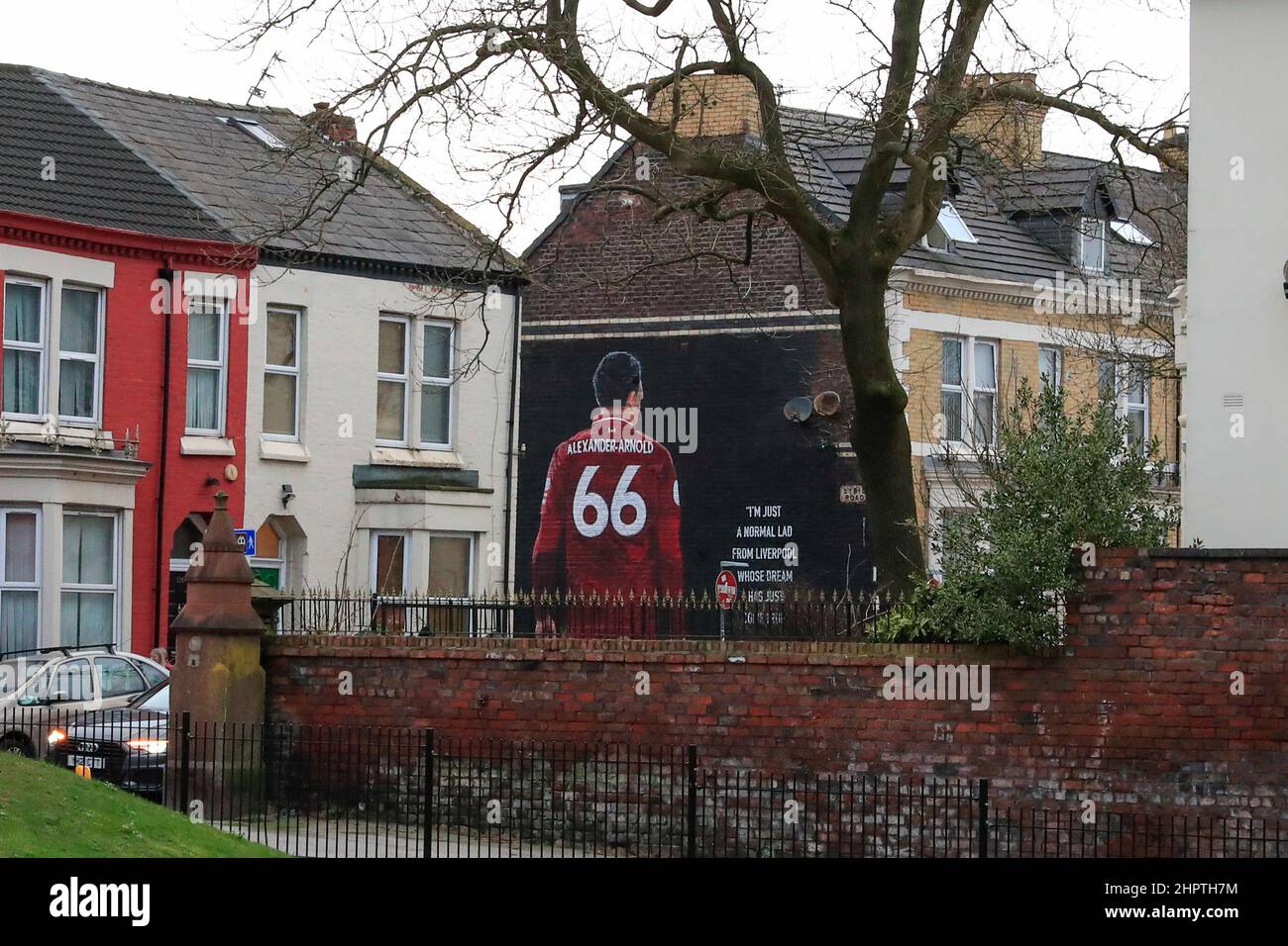 The Trent Alexander Arnold mural amongst thew houses Stock Photo - Alamy