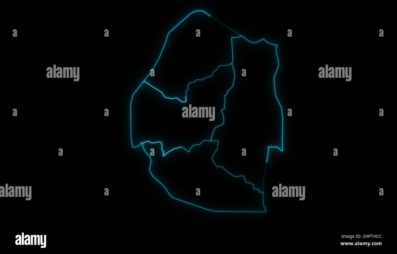 Abstract map outline of Swaziland with Regions glowing outline in black ...
