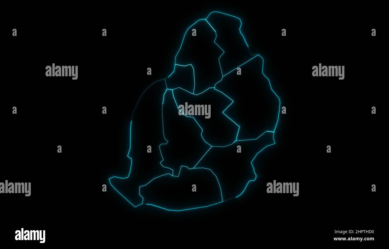 Abstract map outline of Mauritius with Districts glowing outline in ...