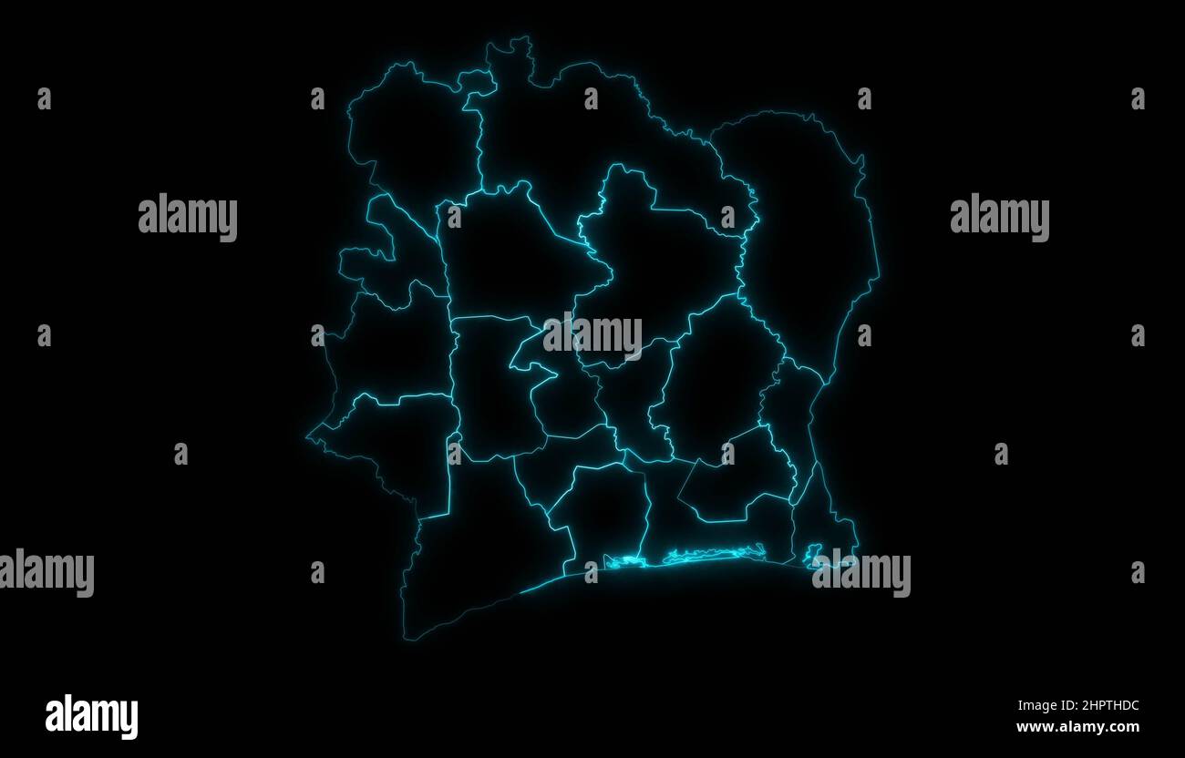 Abstract map outline of Ivory Coast with Regions glowing outline in ...