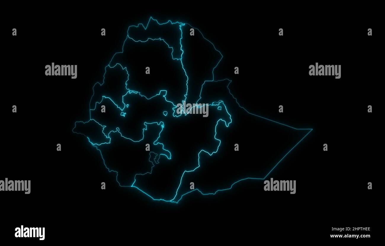 Abstract map outline of Ethiopia with Regions glowing outline in black ...