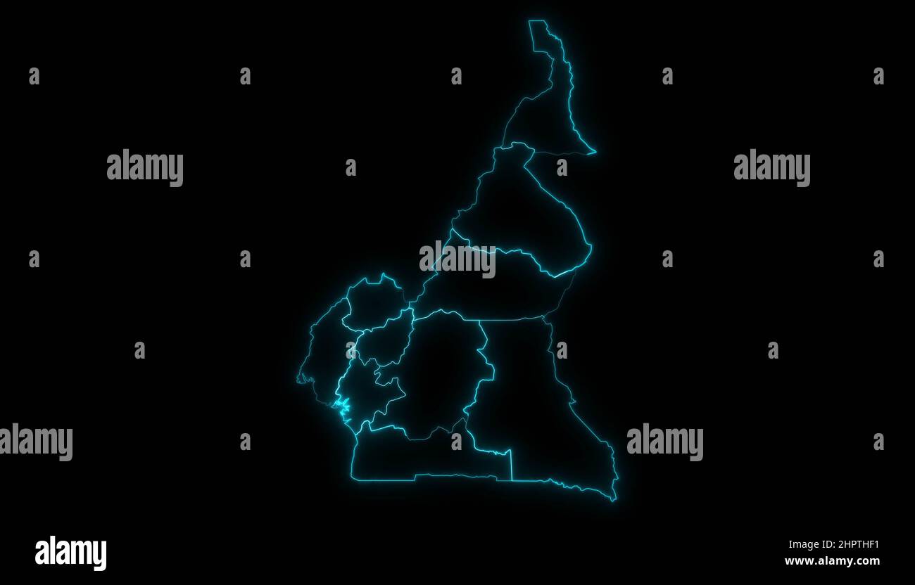 Abstract map outline of Cameroon with Regions glowing outline in black ...