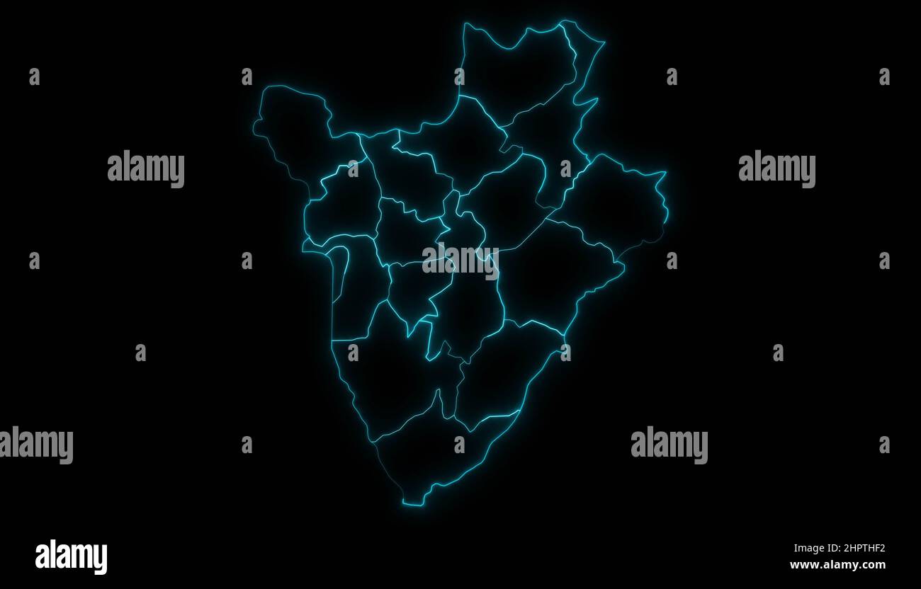 Abstract map outline of Burundi with Provinces glowing outline in black ...