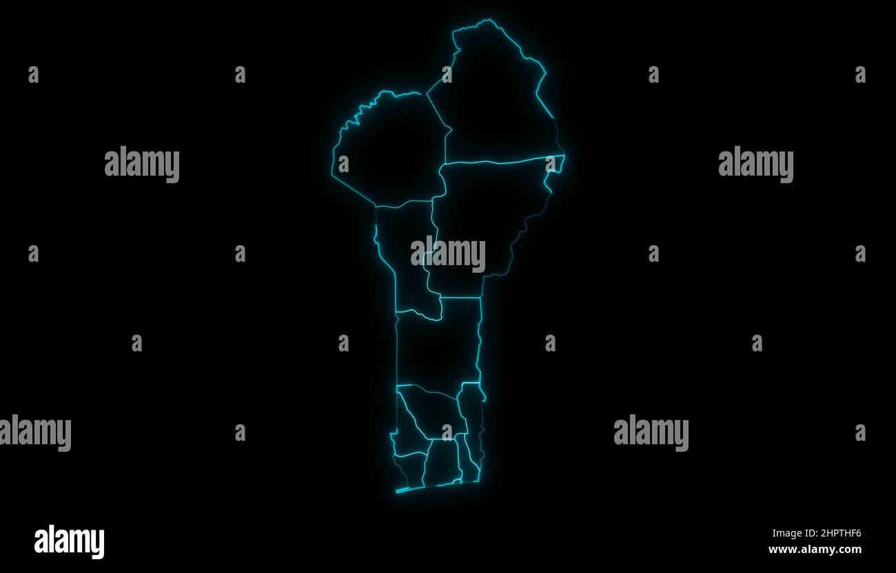 Abstract map outline of Benin with Departments glowing outline in black ...