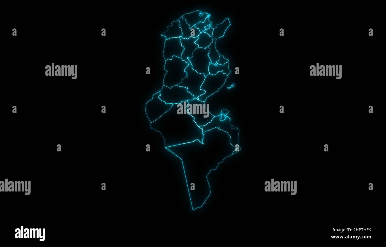 Abstract Map Outline Of Tunisia With Governorates Glowing Outline In