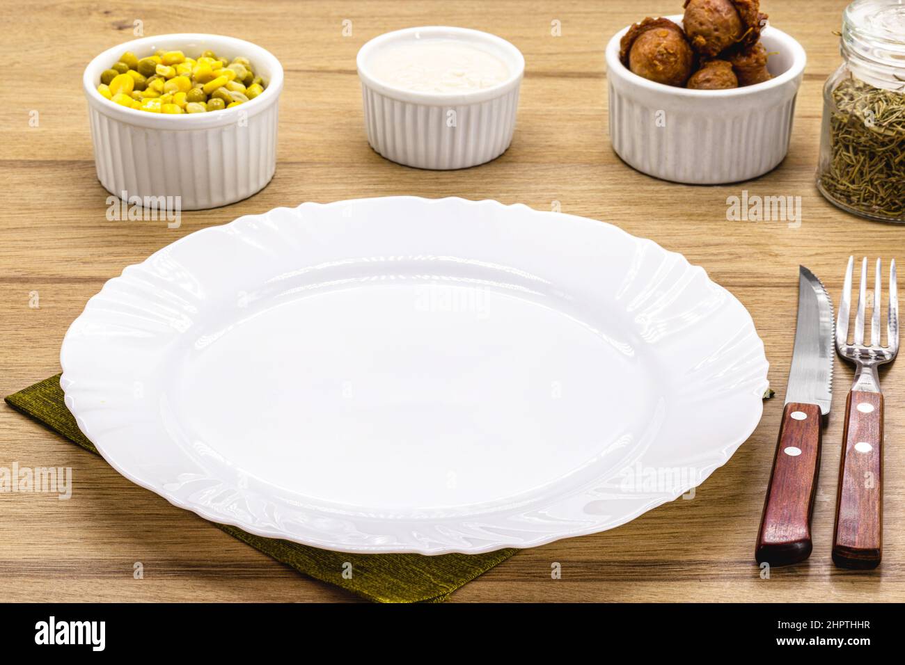 lunch and dinner table mockup, top view, empty plate for food ...