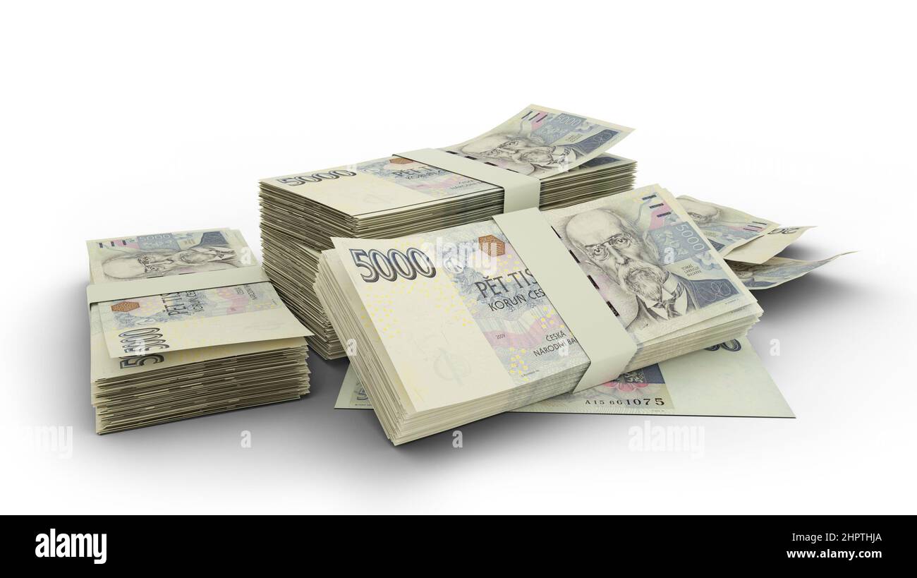 3D Stack of 5000 Czech koruna notes isolated on white background Stock ...