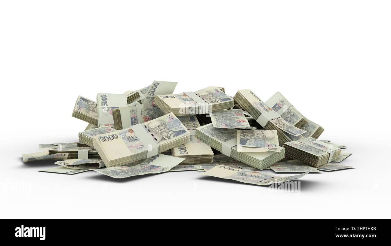 3D Stack of 5000 Czech koruna notes isolated on white background Stock ...