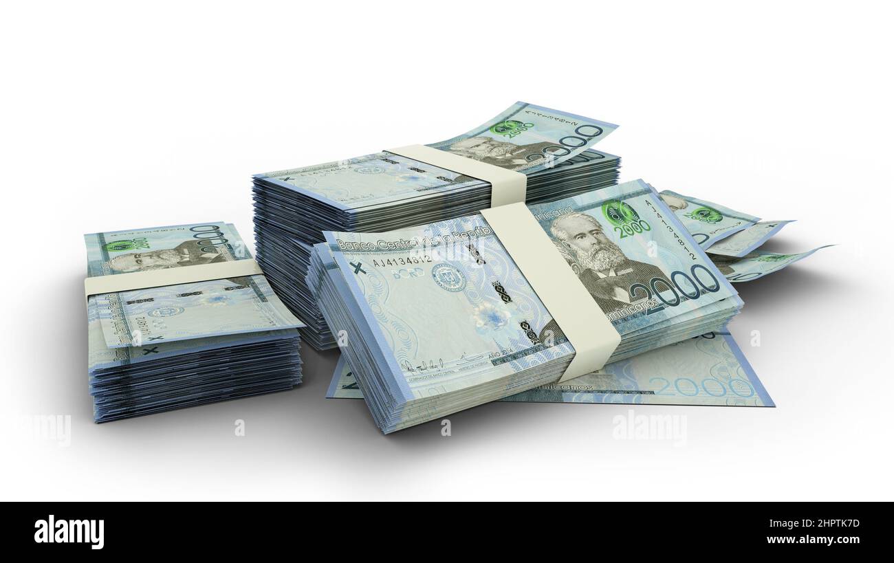 3D Stack of 2000 Dominican peso notes isolated on white background ...