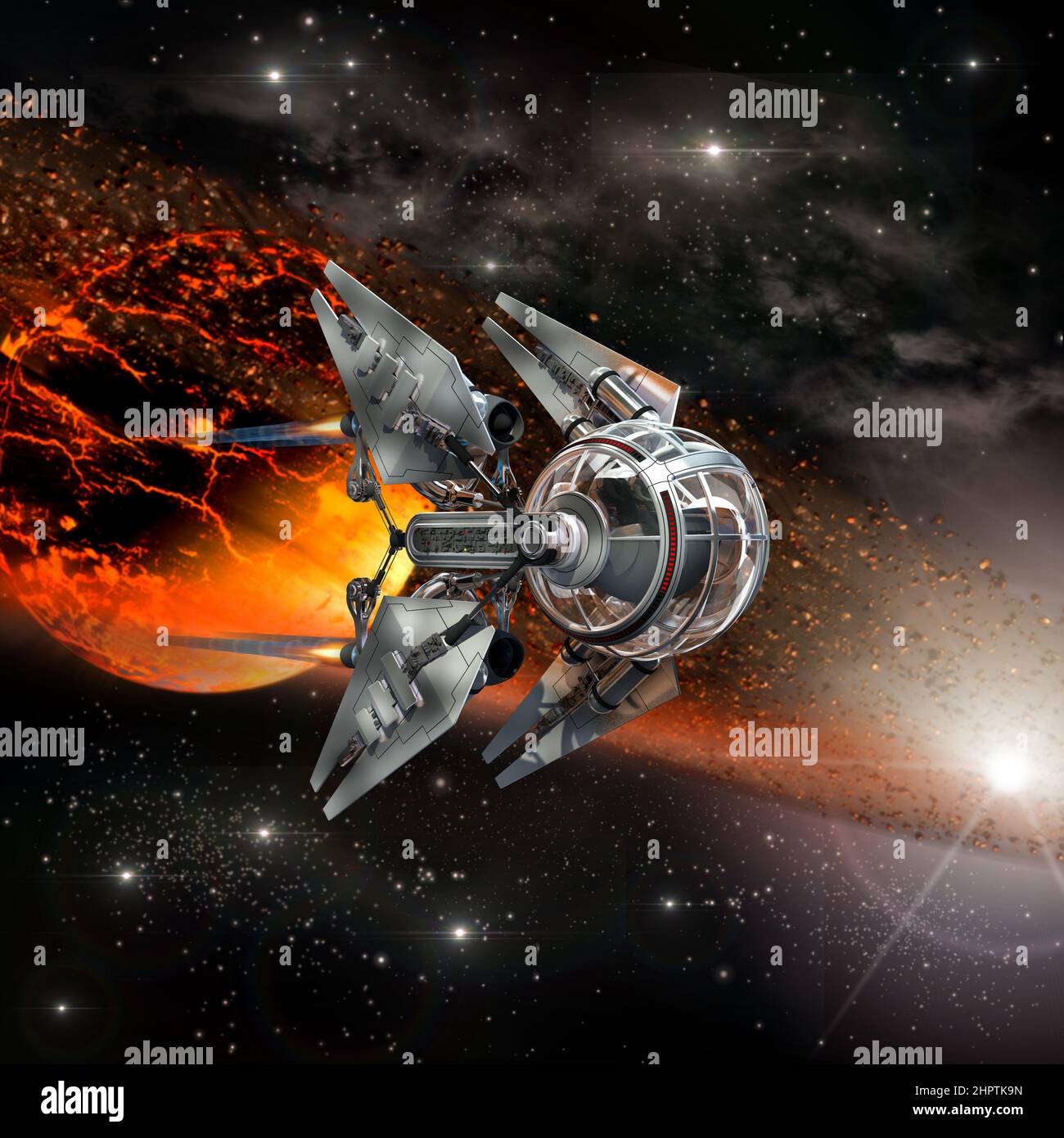 3D rendered manned spacecraft near and exploding planet with a ring of ...