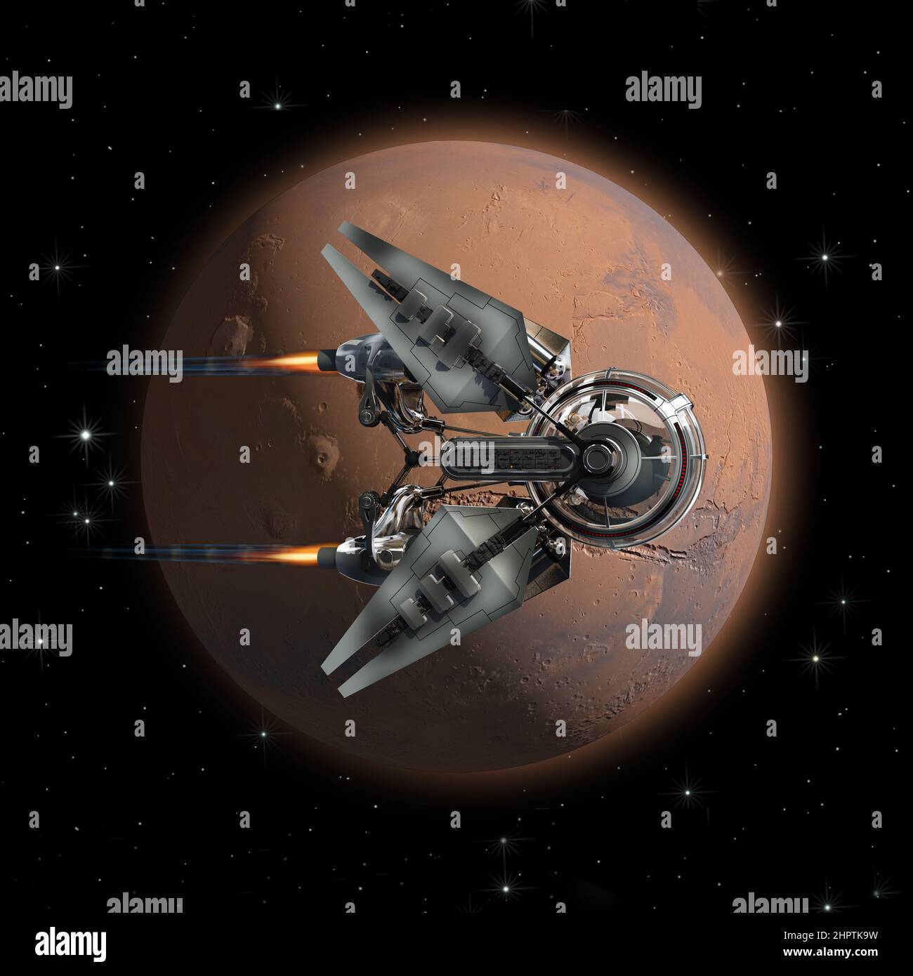 3D illustration with a manned spacecraft near Mars. Elements of this ...
