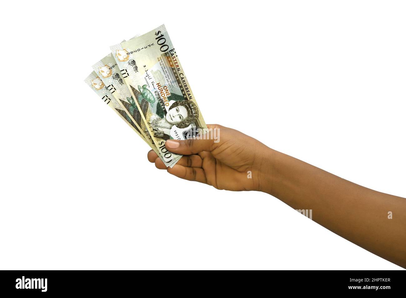 Fair hand holding 3D rendered Eastern Caribbean dollar notes isolated ...