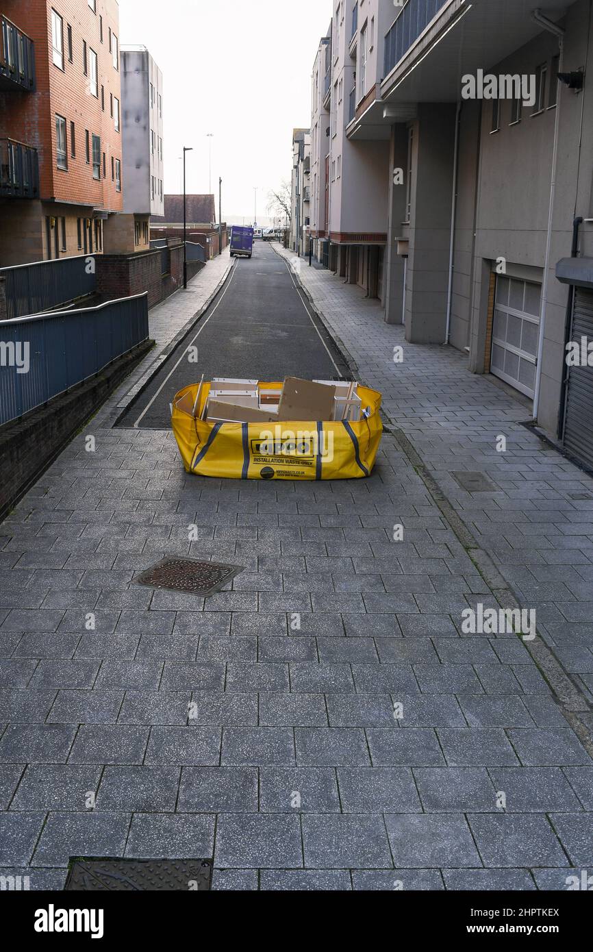 A hippo waste skip bag ready for collection from a street location ...