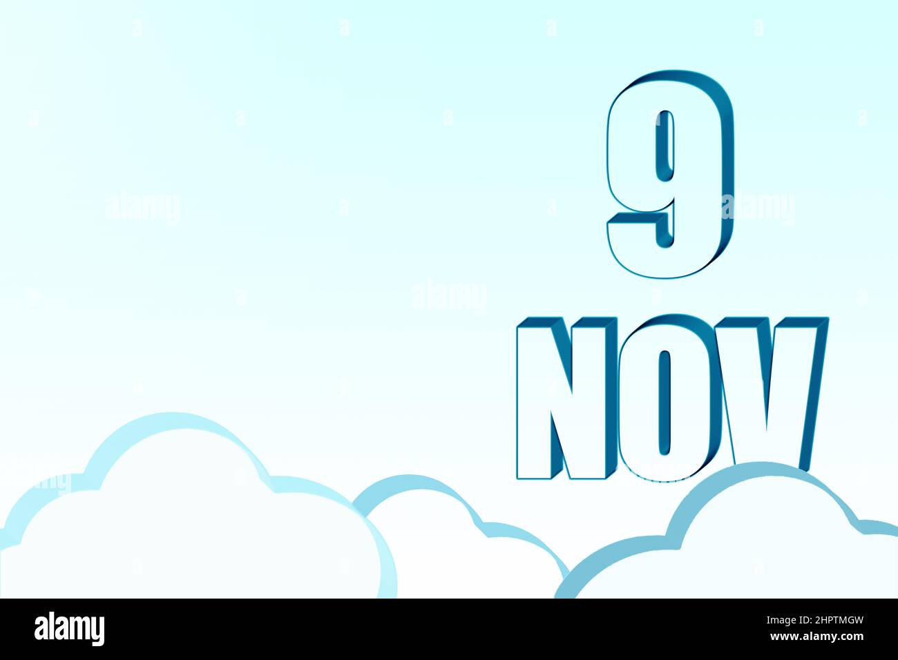 9th day of November. 3d calendar with the date of 9 November on blue ...