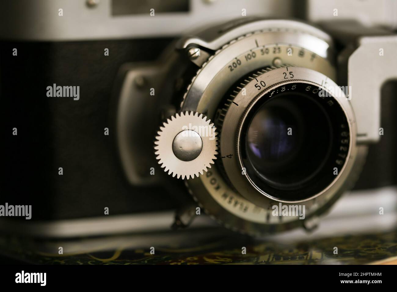 Vintage old photography film camera with lens. Close up macro shot ...