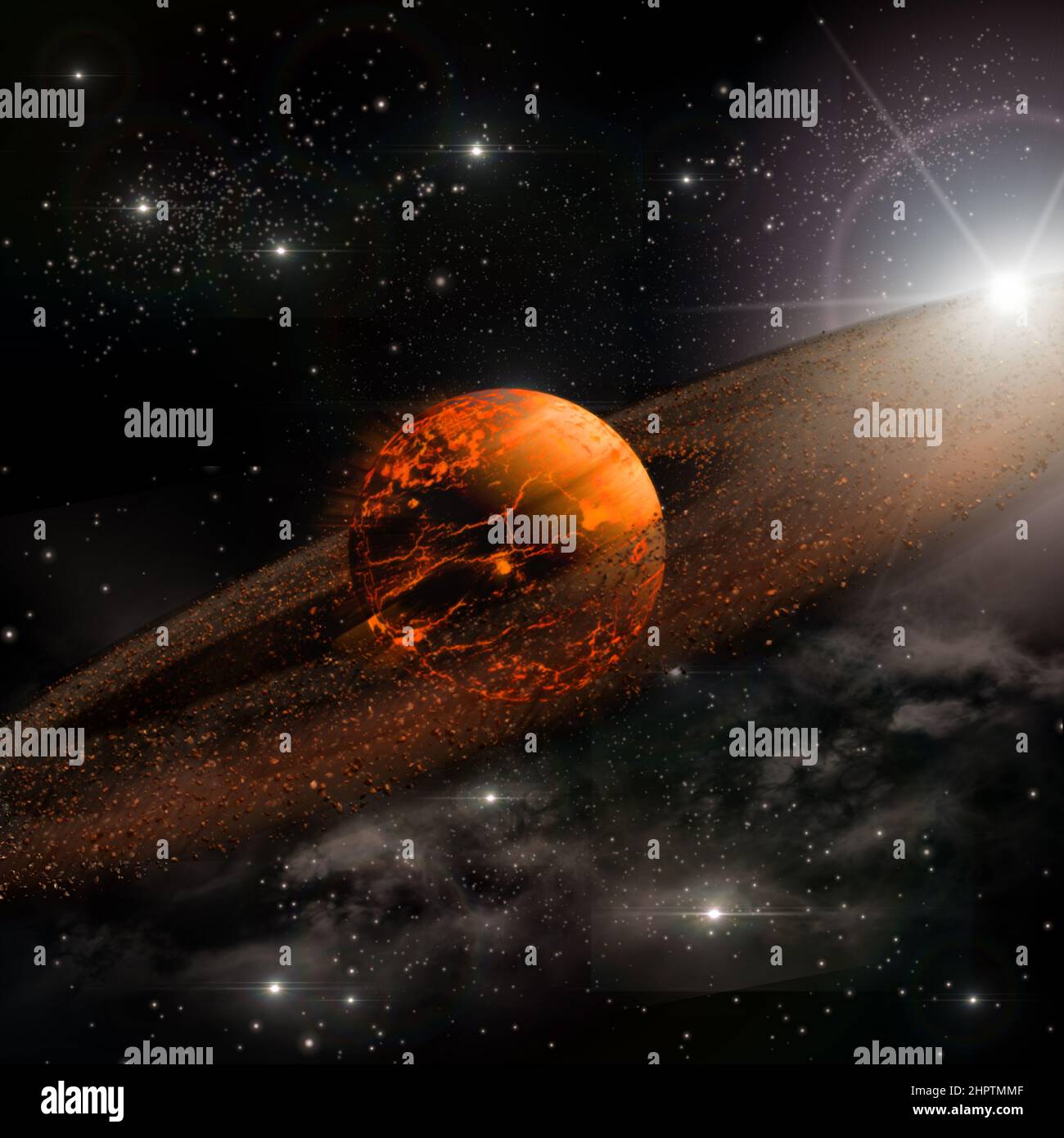 3D illustration of an exploding planet with rings forming a meteorite ...
