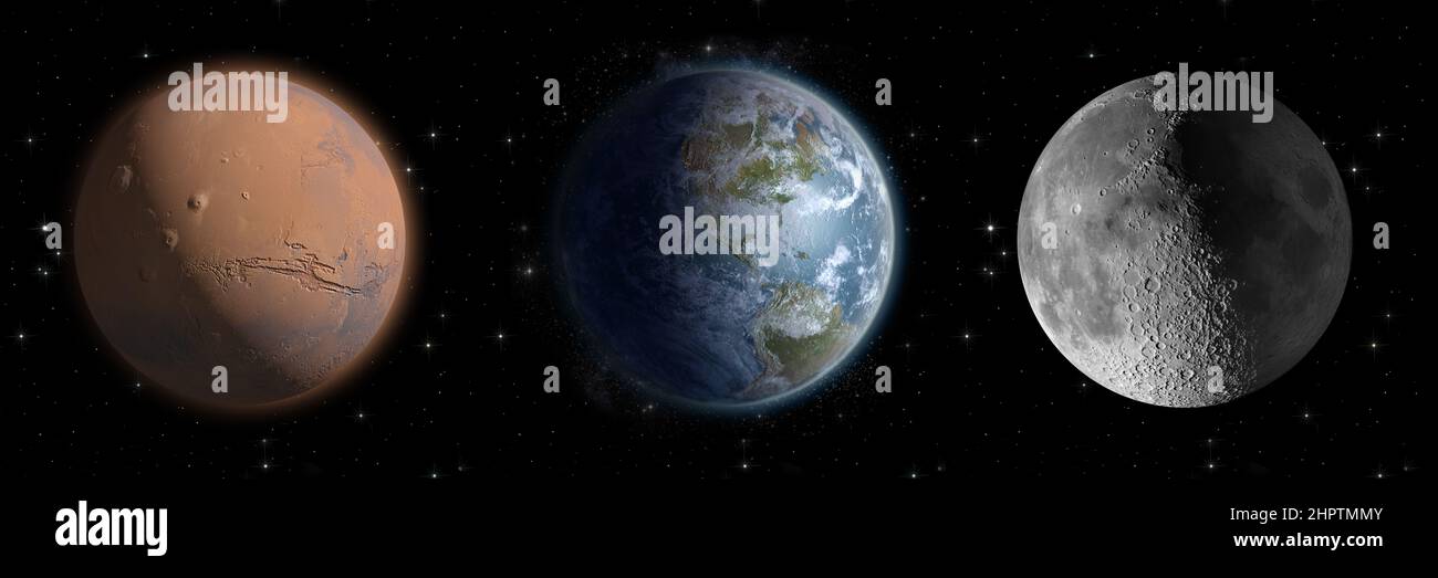 3D illustration of Earth, Mars, and the Moon rendered with detailed ...