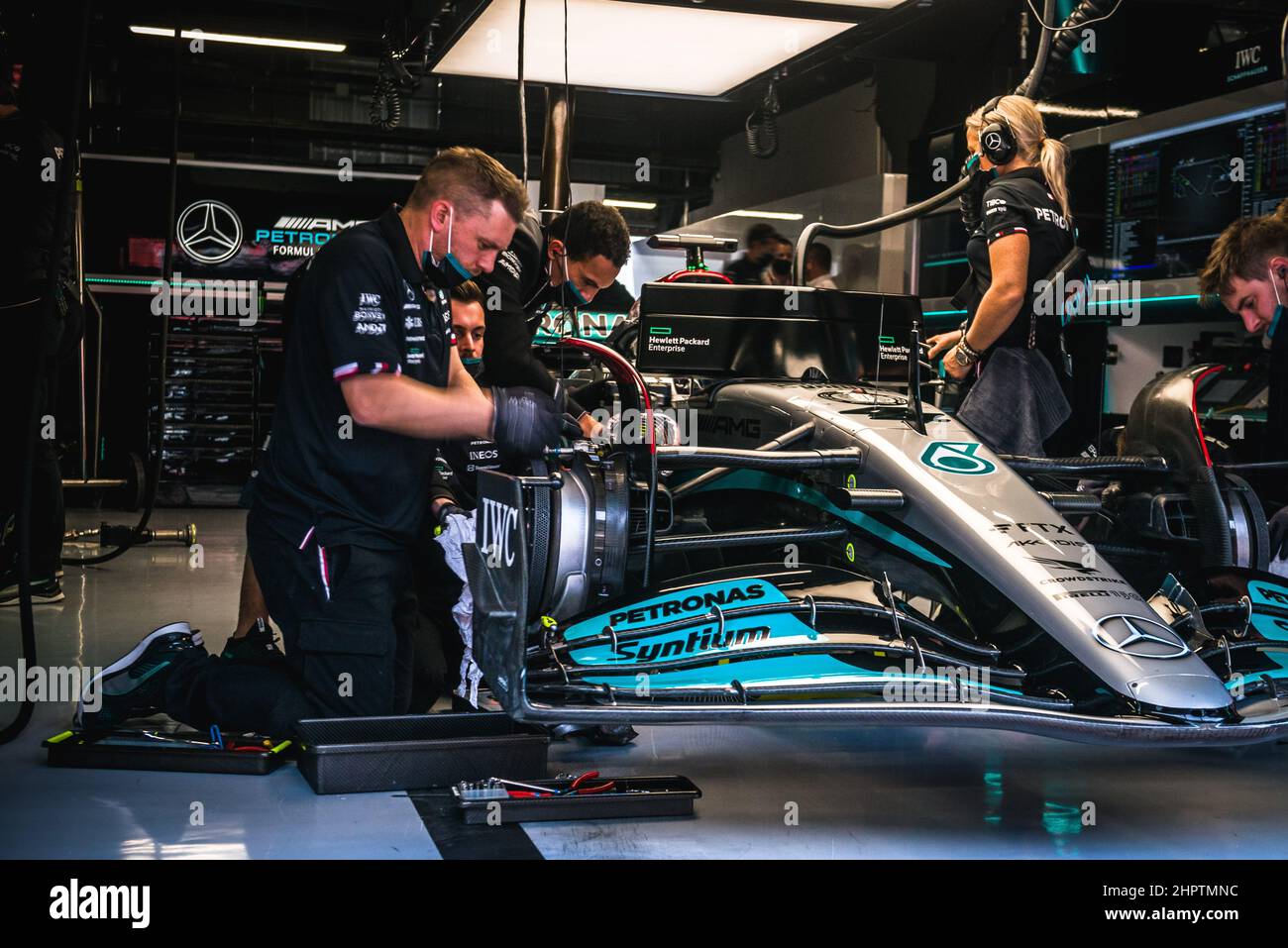 Barcelona, Spain. 23rd Feb, 2022. Mechanics take care about Lewis ...