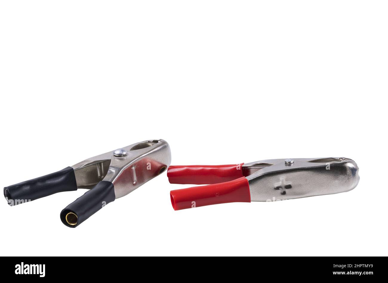 Close up view of clips for charging battery isolated on white ...