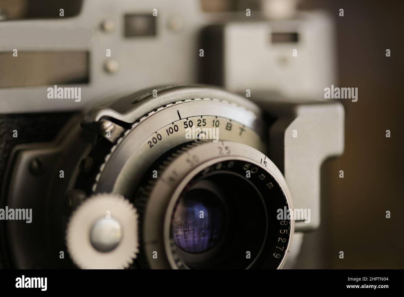 Vintage old photography film camera with lens. Close up macro shot ...