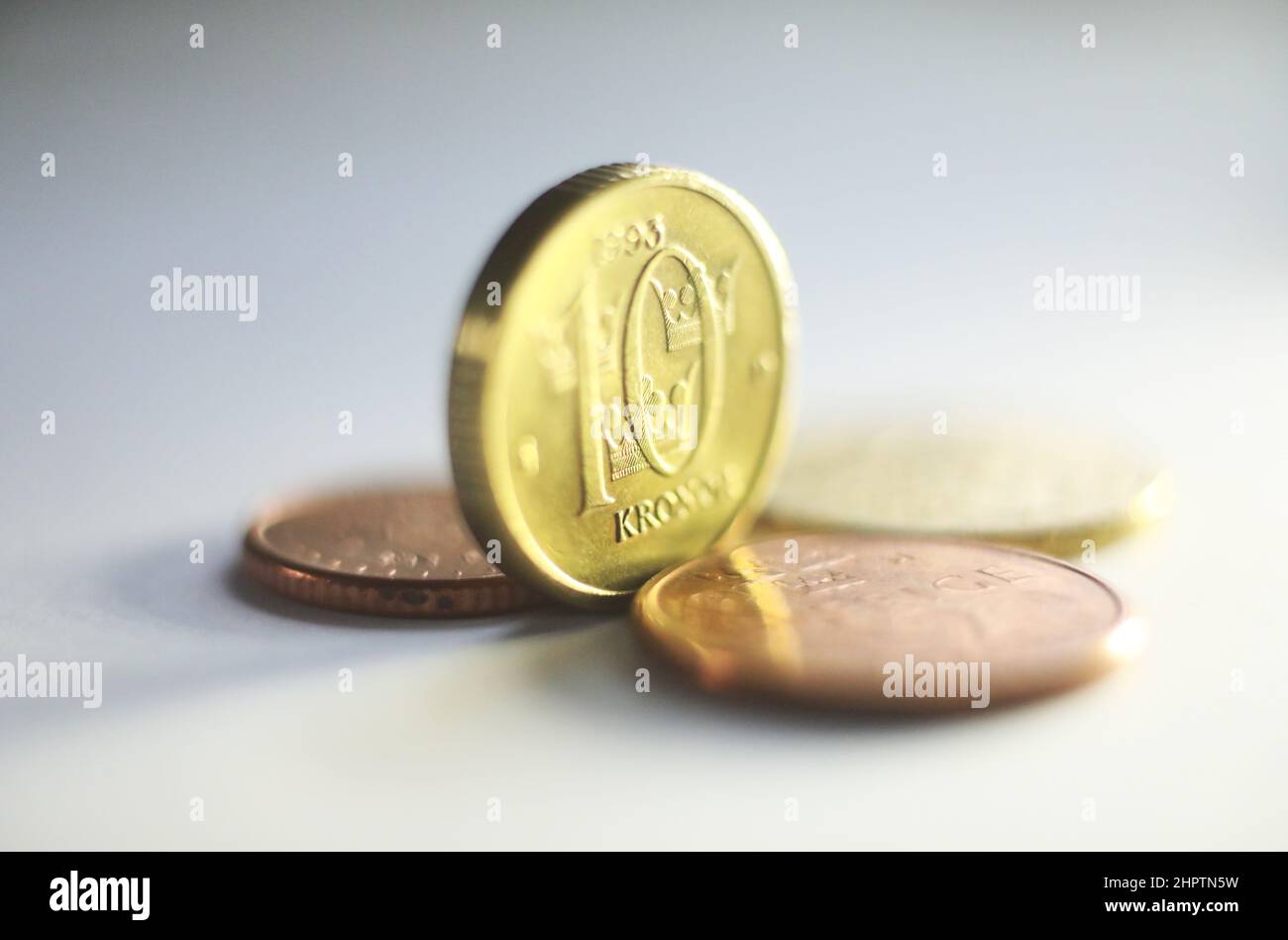 Swedish coins. A Swedish ten kroner (In Swedish: Tiokrona, guldtia ...