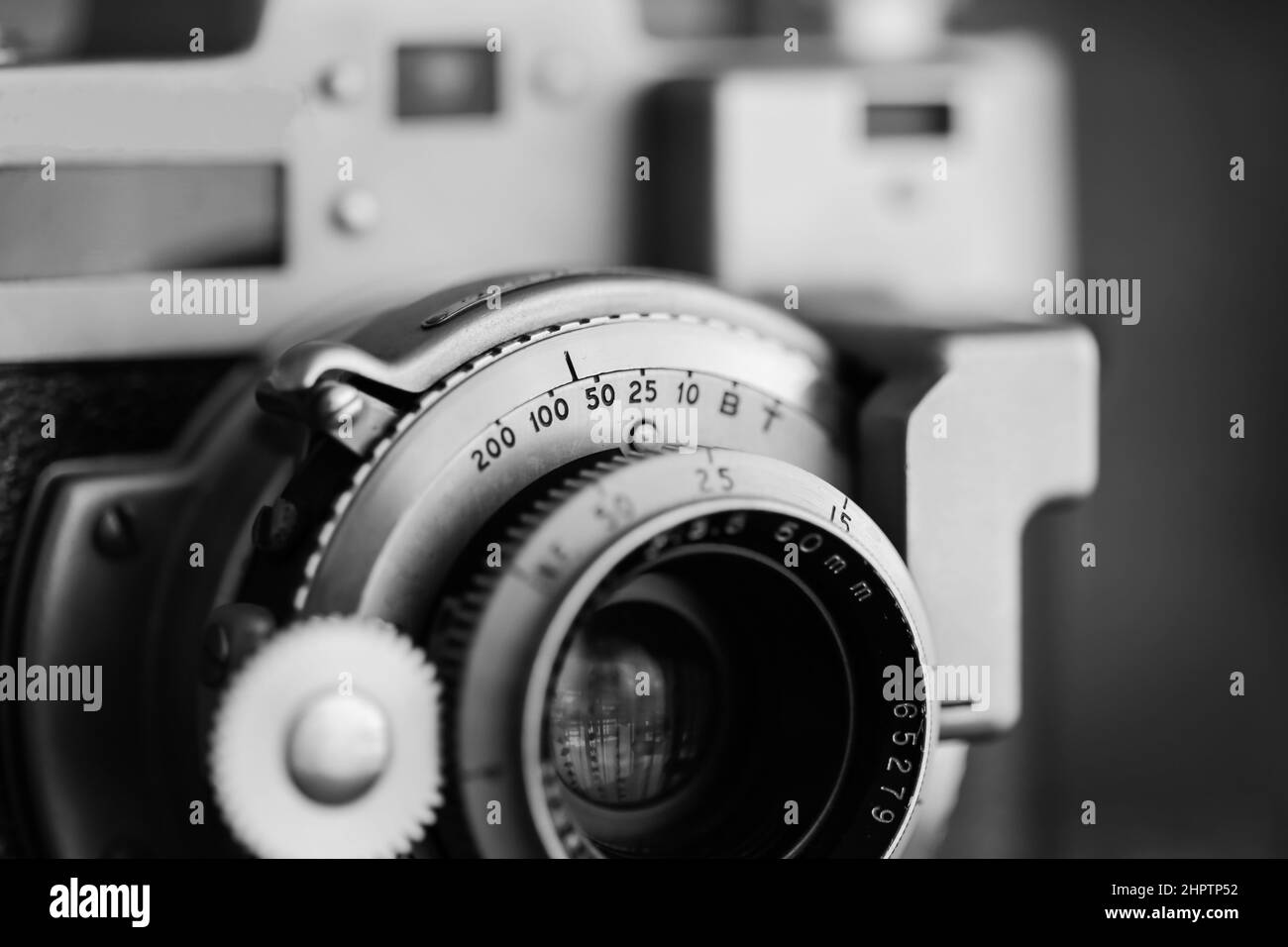 Vintage old photography film camera with lens. Close up macro shot ...