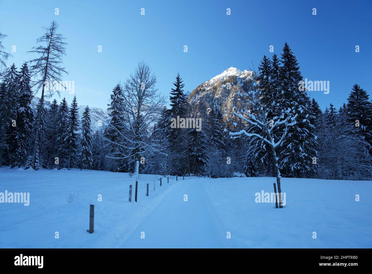 Winter hiking trail through snowy austrian alps on a sunny day with ...