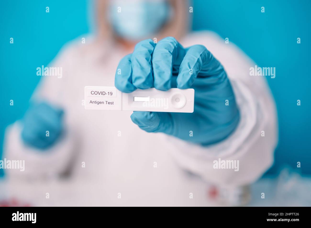 Doctor in blue gloves holding rapid antigen test kit with negative ...