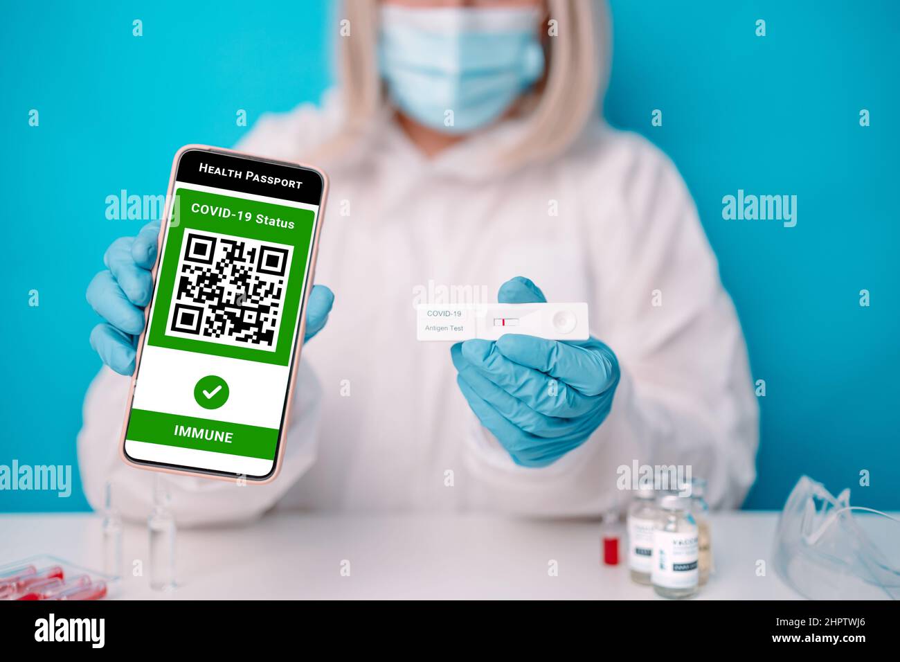 Green pass of the covid-19. Doctor hands holding negative rapid lateral ...