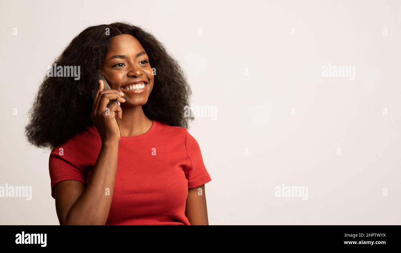 Phone Call. Closeup Shot Of Happy Young Black Lady Talking On Cellphone ...