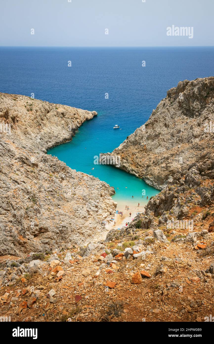 View to the magical Seitan Limania beach in Crete, Greece Stock Photo ...