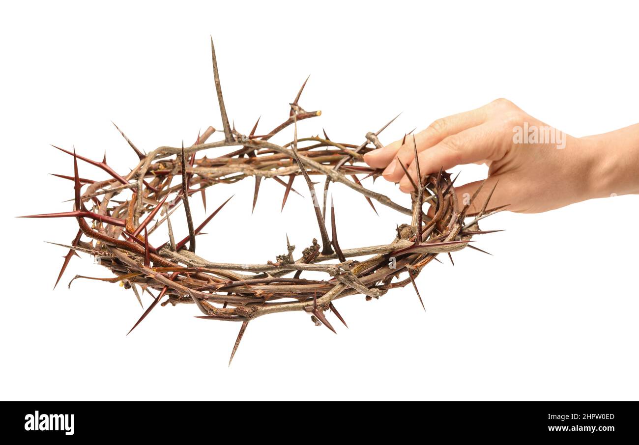 Hand with crown of thorns on white background Stock Photo - Alamy