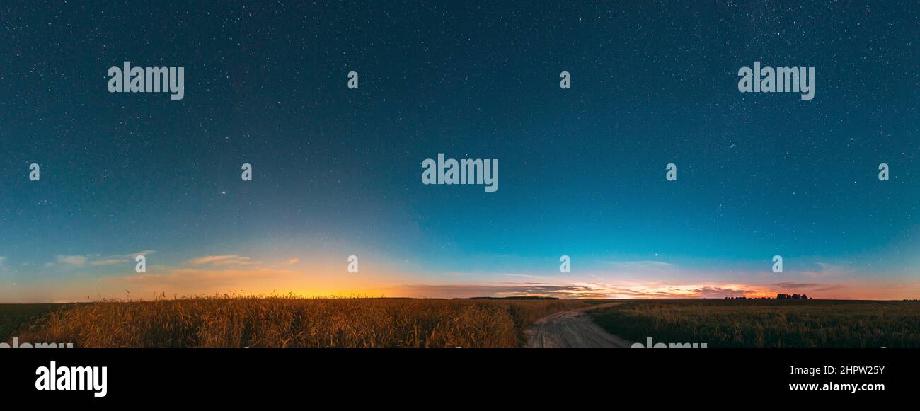 Night Starry Sky With Glowing Stars Above Countryside Landscape. Light ...
