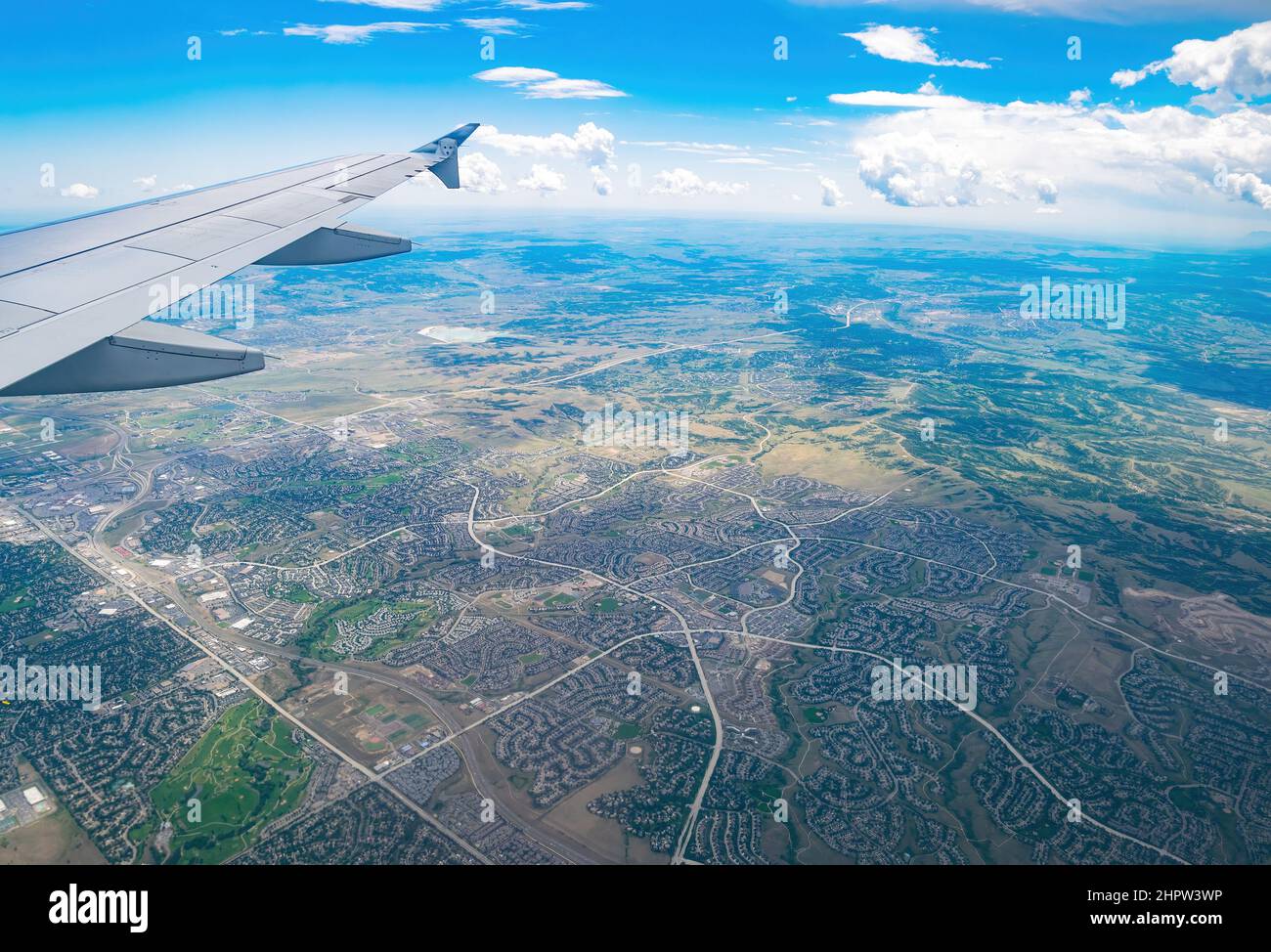 Aerial view of Greenwood Village, view from window seat in an airplane ...