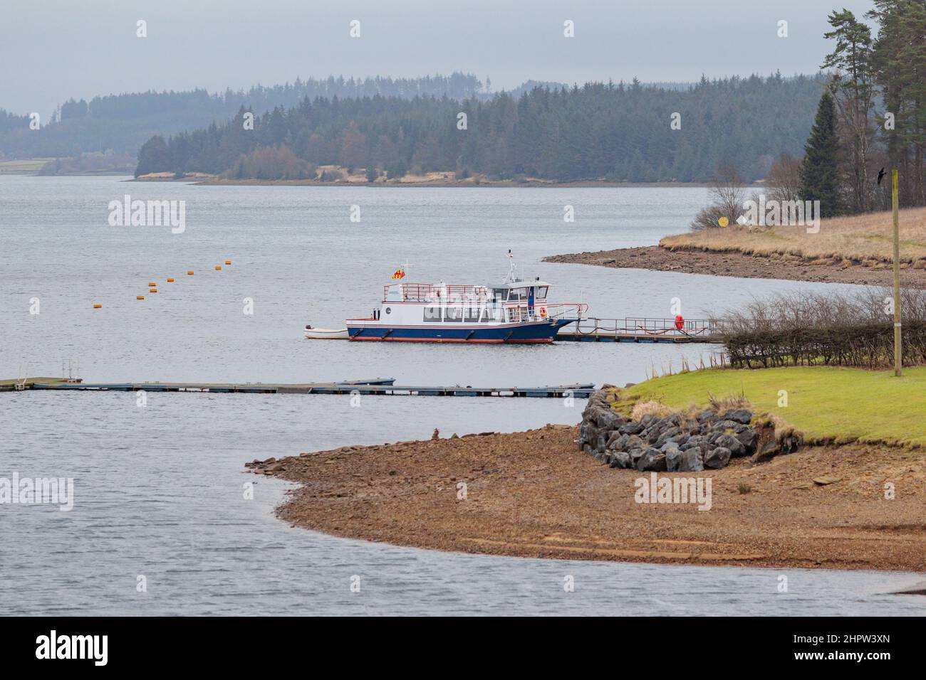 Kielder England: 13th January 2022: Kielder Reservoir view with ferry ...