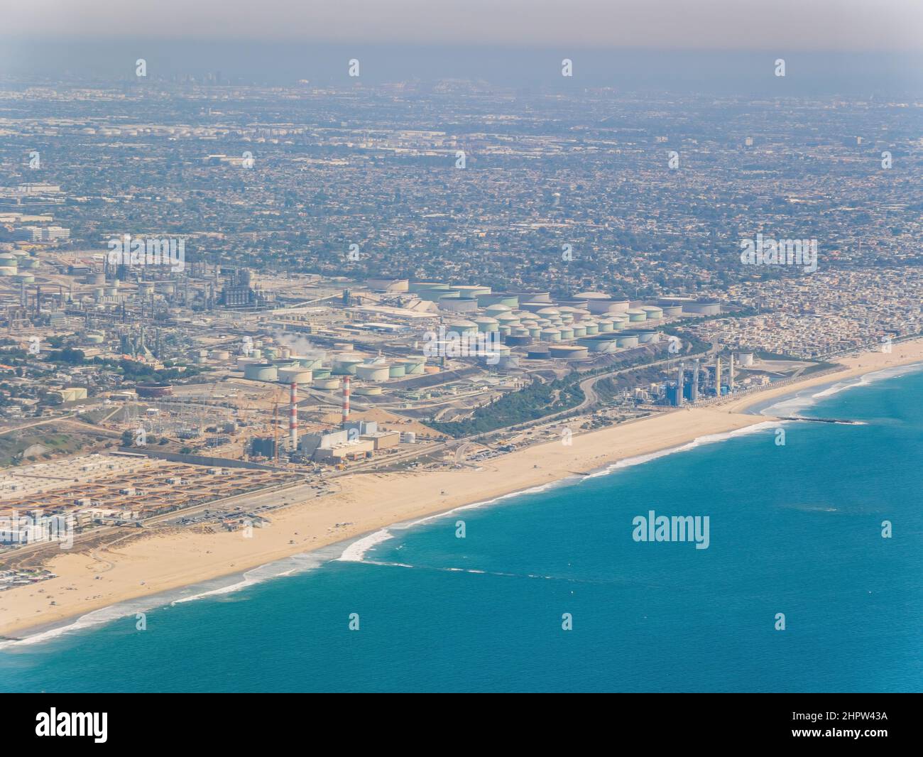 Aerial view of the El Segundo Beach and downtown area at Los Angeles ...
