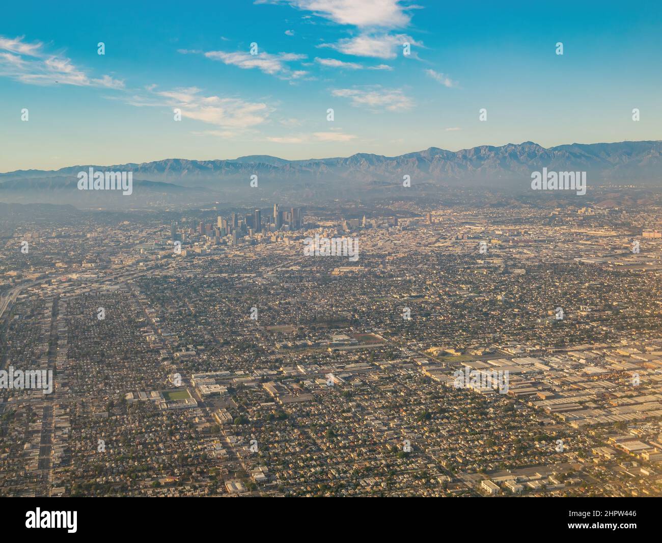 Aerial view of Los Angeles downtown, view from window seat in an ...