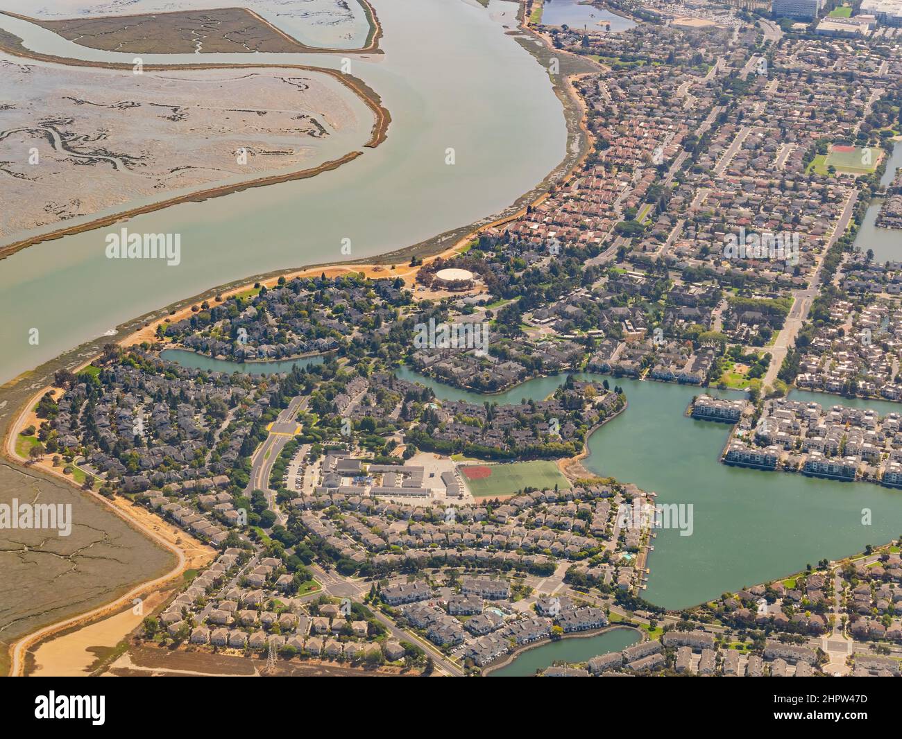 Aerial view of the Bair Island State Marine Park and cityscape at ...