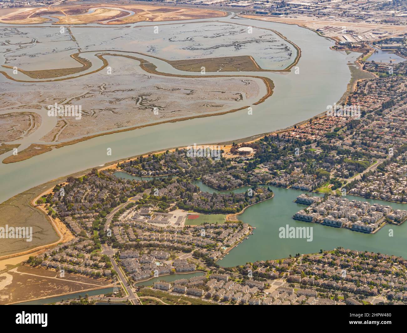 Aerial view of the Bair Island State Marine Park and cityscape at ...