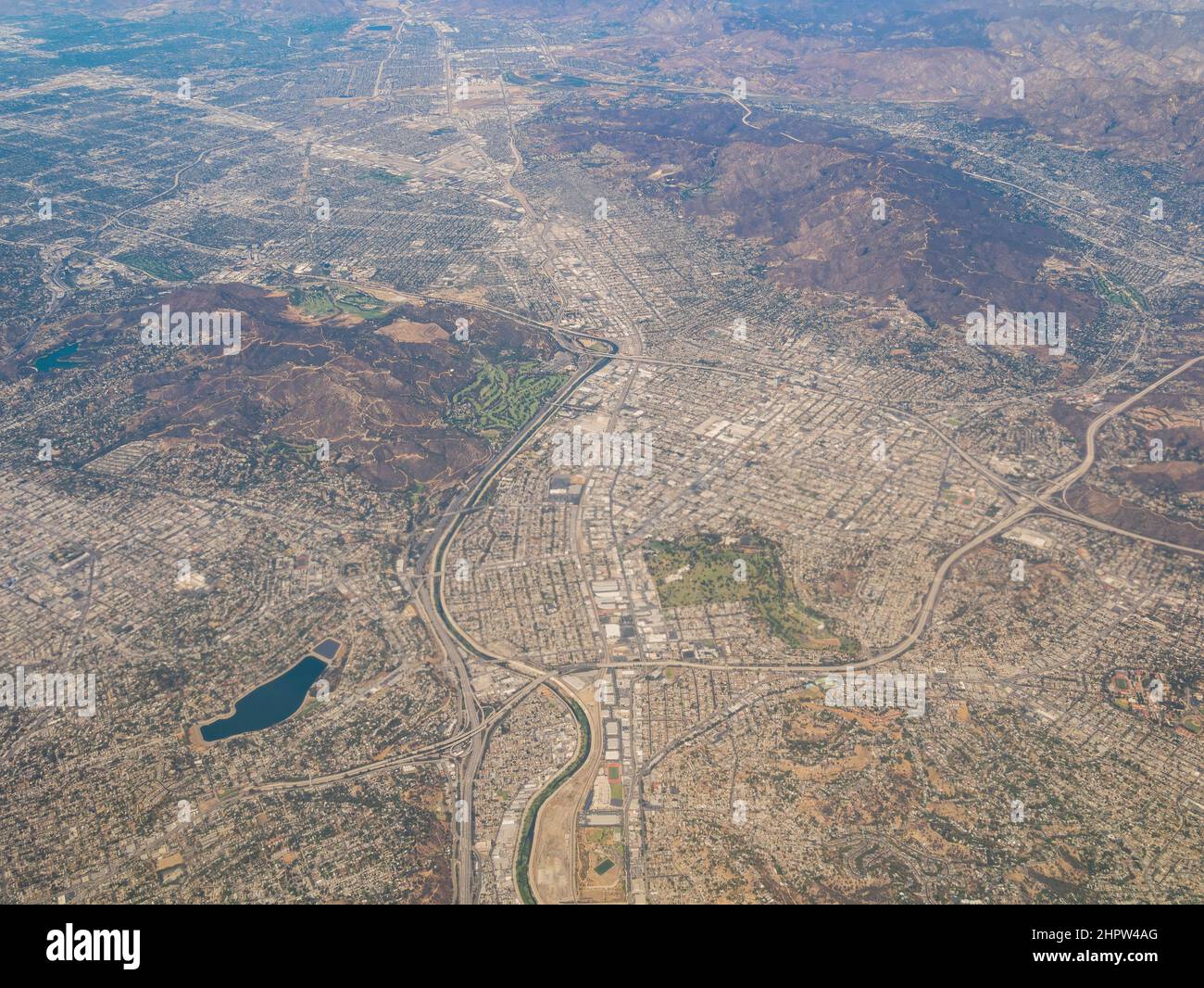 Aerial view of the Los Angeles Hollywood area cityscape at California ...