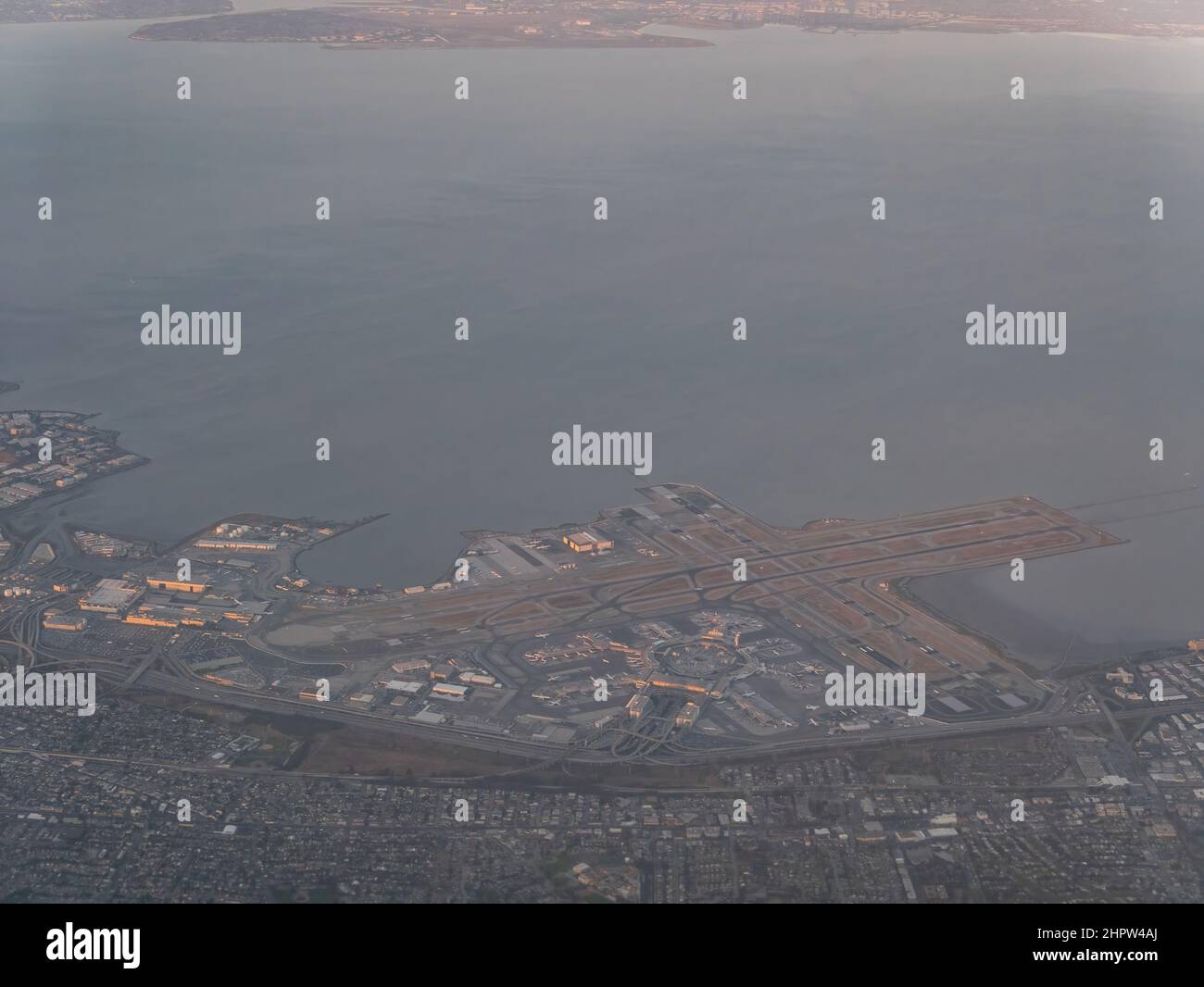 Sunset aerial view of the San Francisco Bay and cityscape at California ...