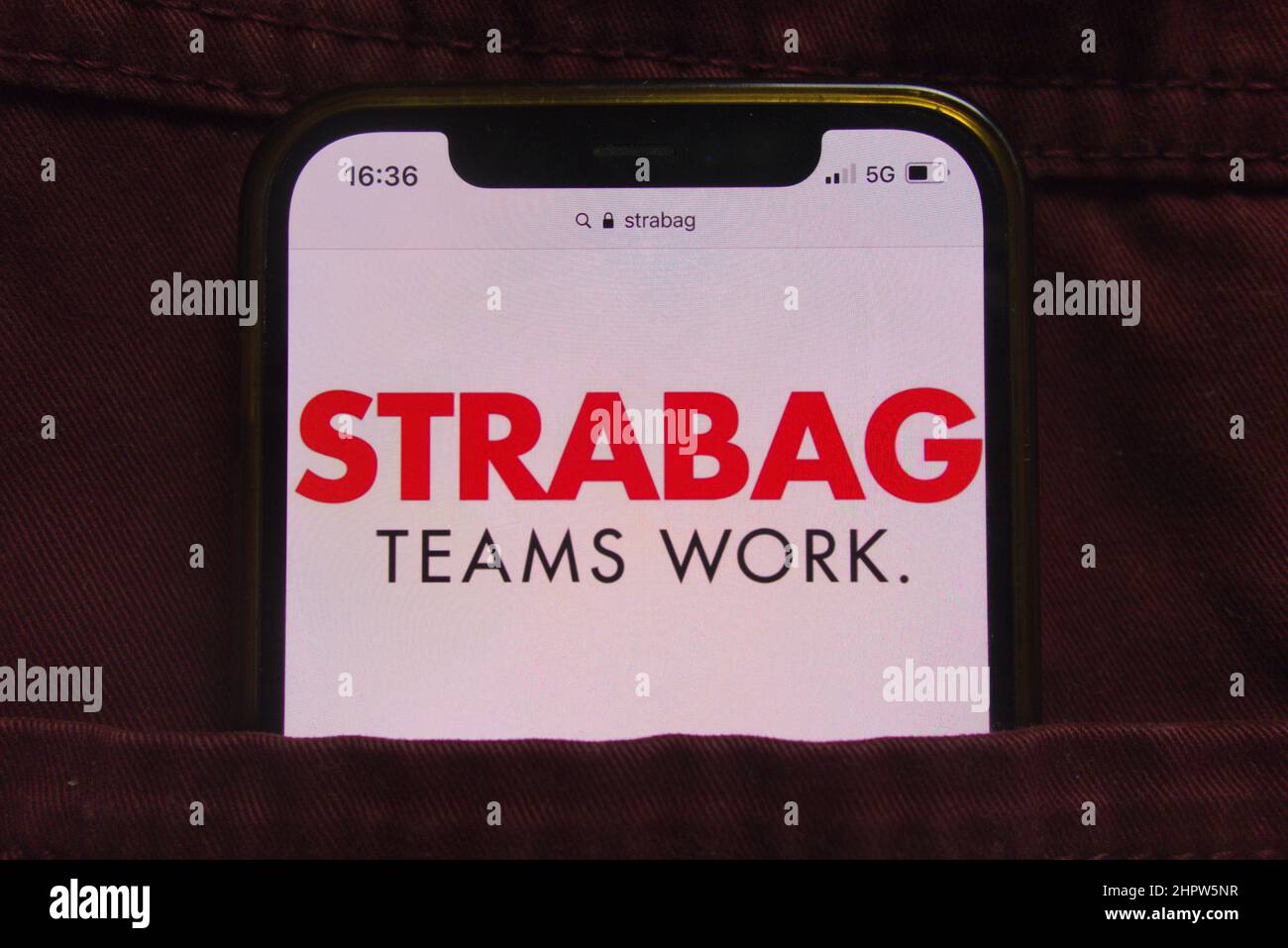 KONSKIE, POLAND - February 22, 2022: Strabag SE logo displayed on ...