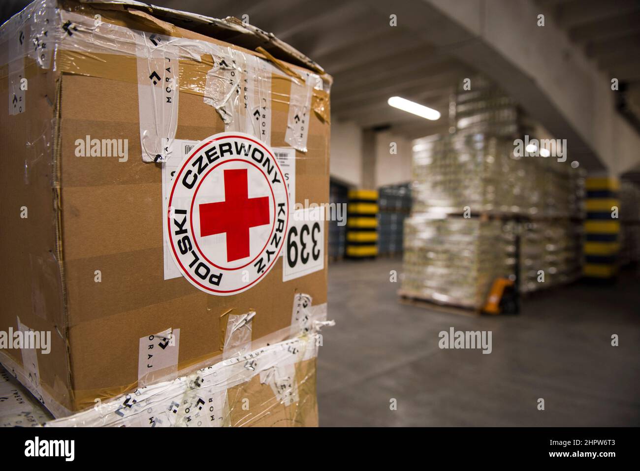 Lublin, Poland. 23rd Feb, 2022. Parcels with humanitarian aid are seen ...